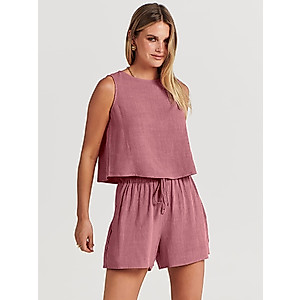 ANRABESS Women’s Summer 2PC Outfits Shorts Sets Sleeveless Crop Top Romper Lounge Matching Set Workout Tracksuit Set Beach Vacation Boho Clothes 806shenfen-L, Pink