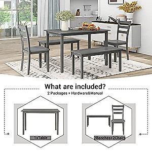 NCKMYB 5 Piece Dining Set, Rectangular Dining Table with 2 Chairs and 2 Benches, Rustic Wooden Dining Set for Kitchen Dining Room Restaurant (Grey)