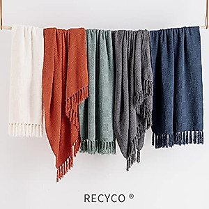RECYCO Chenille Throw Blanket for Couch, Soft Cozy Knit Throw Blankets with Tassels, Woven Chenille Throw Blanket Knitted Blanket for Bed Sofa Chair, 50 x 60 Inches, Navy Blue, Laundry Bag Included