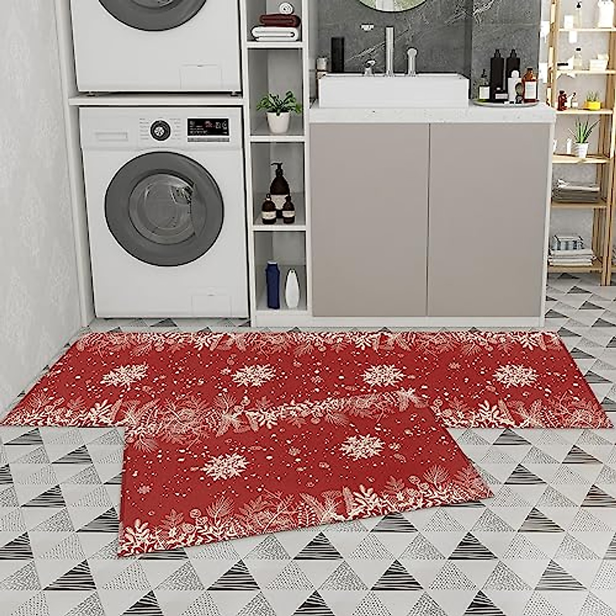 Christmas 2Pcs Kitchen Rugs, Anti Fatigue Kitchen Mat Non Slip Rug Runner Comfort Standing Floor Mats Kitchen Carpet Set for Sink, Laundry - Christmas Snowflakes with Plants Red Texture