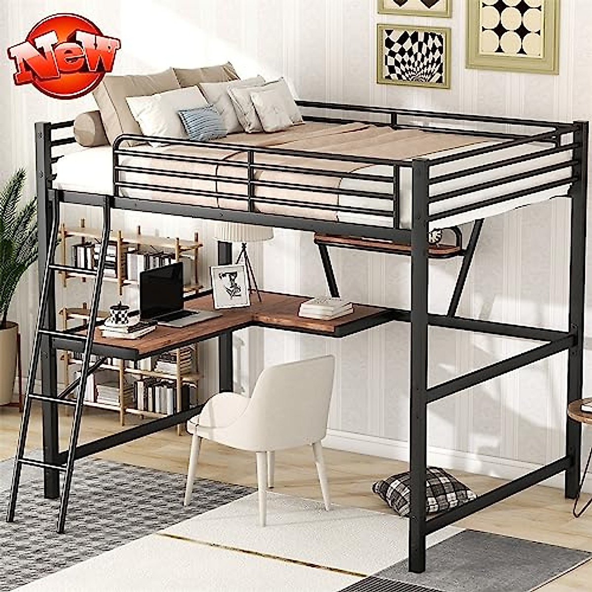 ZORQ Upgraded Version & Stronger Steel Loft Bed Full Size with Desk Underneath and Storage Shelf and Safer Ladder, Thickened More Rust-Resistant Metal Full Loft Bed Frame (Easier to Assemble) (Black)