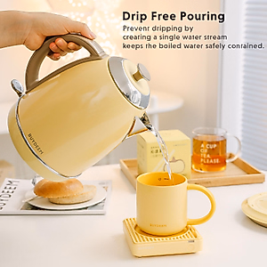 BUYDEEM K640 Stainless Steel Electric Tea Kettle with Auto Shut-Off and Boil Dry Protection, 1.7 Liter Cordless Hot Water Boiler with Swivel Base, 1440W, Mellow Yellow