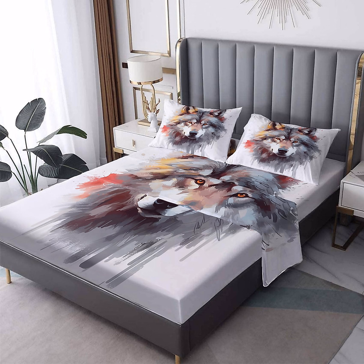 Wolf Sheets Full Size, Wolves Animal Bed Sheets, Patterned Bedding Sheets & Pillowcases 4 Piece Set - Soft Microfiber Deep Pocket Fitted Sheet & Flat Sheet & 2 Pillow Cases L8-&-112