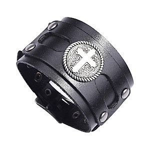 Nsitbbuery Hip Hop Jewelry Metal Cross Disc Belt Buckle Bracelet Wide Leather Wristband Bracelet(Black)