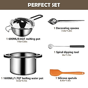 Artcome 5pcs Double Boiler Melting Pot Set - 600ML/0.6QT Chocolate Melting Pot, 1600ML/1.7QT Stainless Steel Pot, Decorating Spoons, Silicone Spatula and Dipping Tool for Melting Chocolate, Candy, Wax