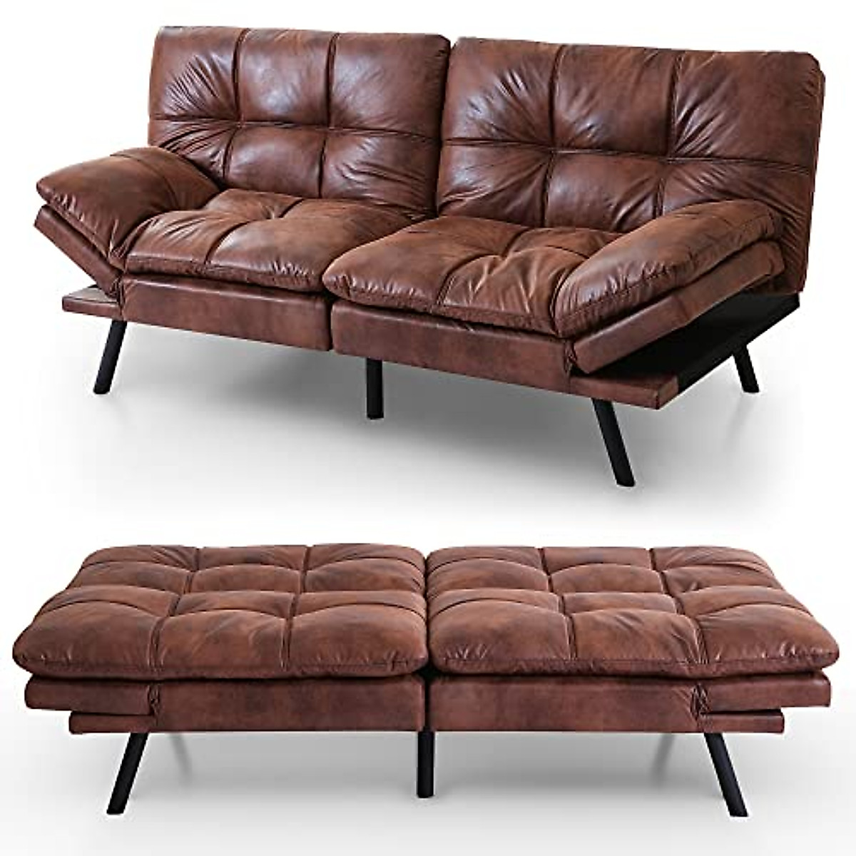 LIFERECORD Futon Sofa Bed Modern Faux Leather Convertible Sofa Memory Foam Daybed with Adjustable Armrests for Living Room Apartment Dorm, Brown