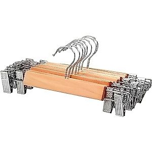 10 PACK Wooden Skirt Hangers with Clips - Smooth Finish Solid Wood Pants Hangers with clips - Natural Wood Color - Clip Hanger for Pant, Skirts, Slacks