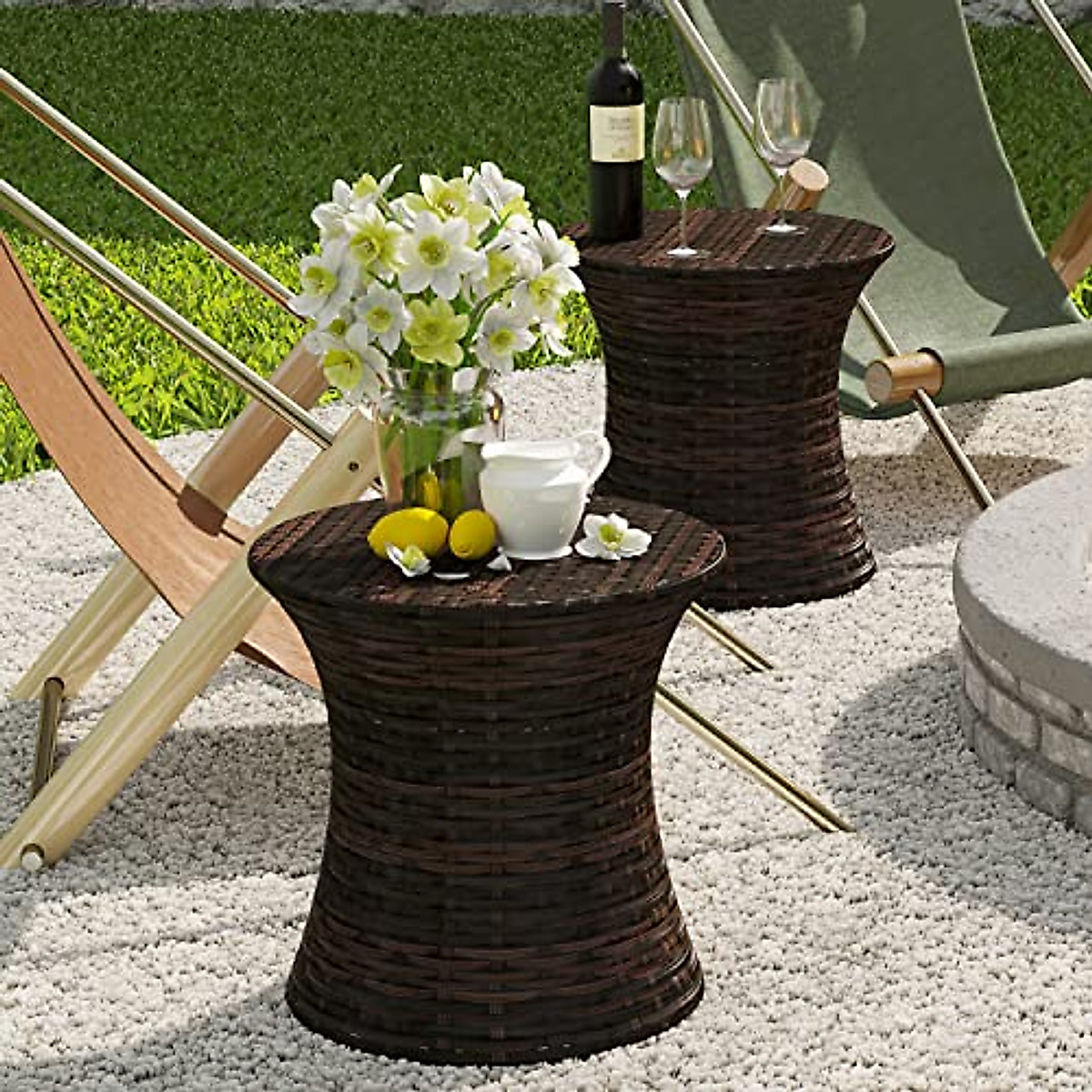 Sundale Outdoor Small Side Table Patio Rattan End Table 20 Inch Hourglass Wicker Accent Tables Steel Frame Lightweight Brown Mesa Auxiliar pequeña Mesa Auxiliar de ratán marrón