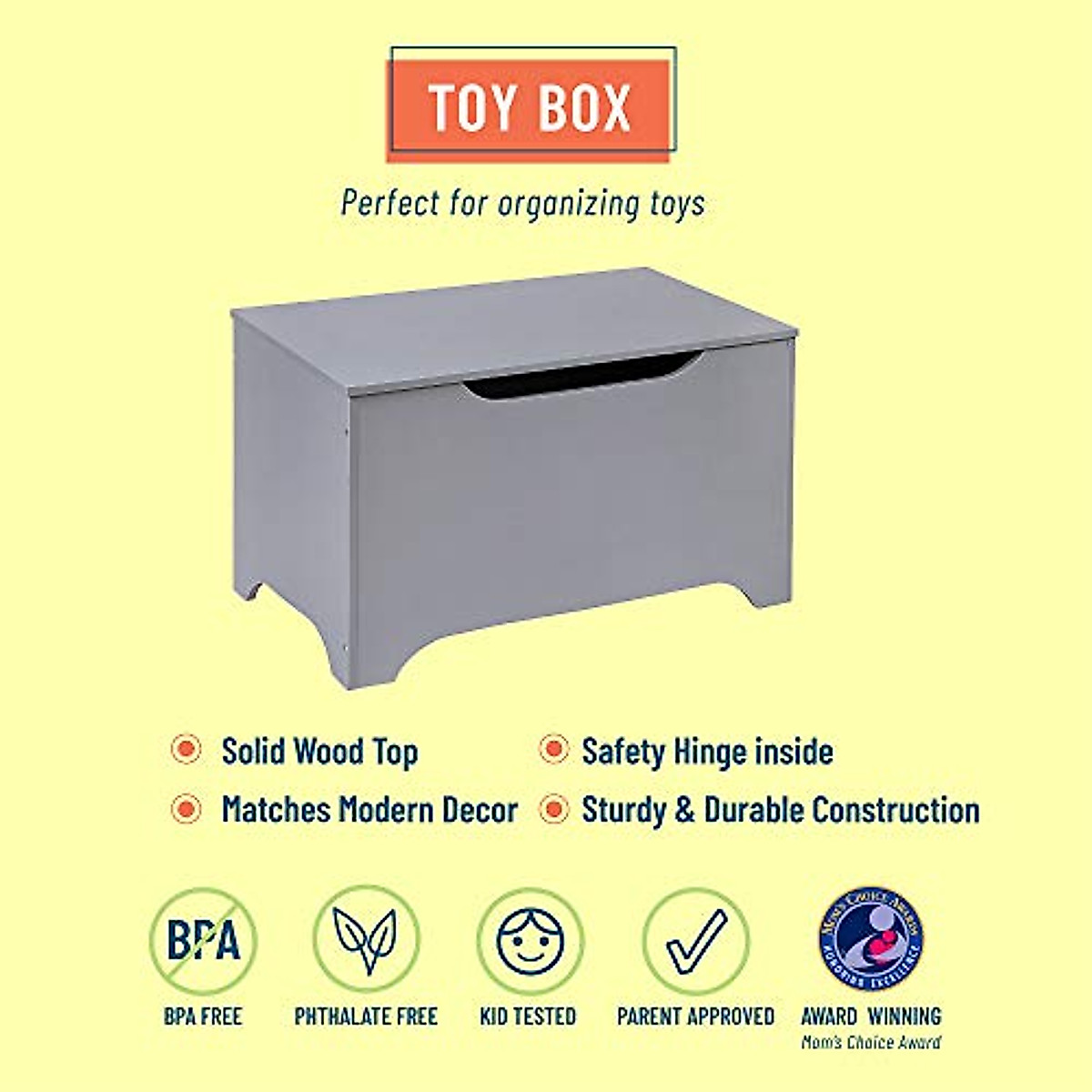Wildkin Kids Toy Box for Boys and Girls, Features Safety Hinge and Solid Wood Top, Helps Keep Toys, Games, Books, and Art Supplies Organized in Your Child's Bedroom or Playroom (Gray) , Gray Fog