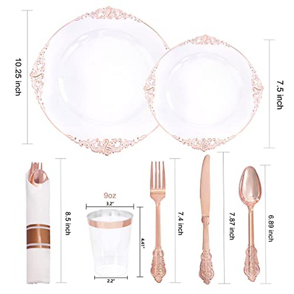 Nervure 350PCS Rose Gold Plastic Plates - Clear Rose Gold Disposable Plates for 50Guests - 50Dinner Plates, 50Dessert Plates, 150Rose Gold Silverware, 50Cups, 50Rolled Napkins for Wedding & Party