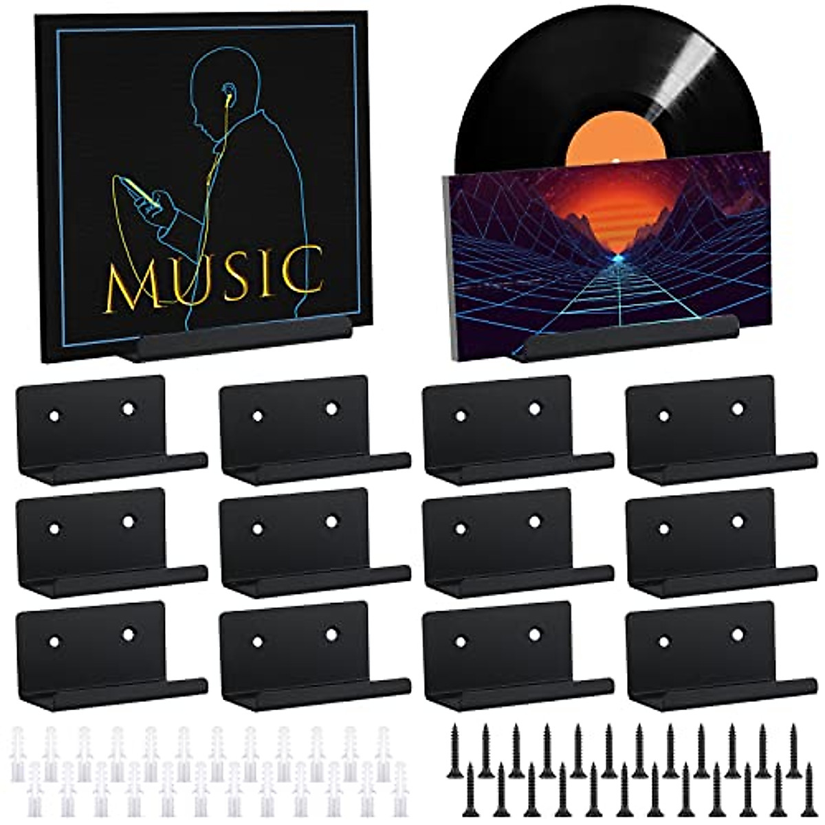 12 Pcs Vinyl Record Shelf Wall Mount Vinyl Holder Black Metal Floating Shelf for Albums Records Storage Display Home Wall Decor