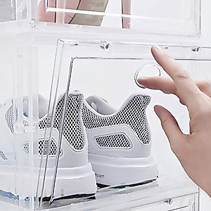 Drop Front Shoe Box, Set of 4, Stackable, for Men and Women - Clear, Plastic Shoes Storage Boxes for Sneaker, Heel, Sandal - space-saving closet organizer Shoe Container for shoe box organization