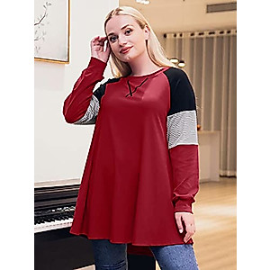 LARACE Plus Size Tops Women Pullover Sweatshirt Color Block Tee Long Sleeve Tunic Striped Raglan Shirt(Wine Red 4X)
