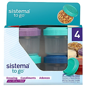 Sistema 4-Piece Salad Dressing and Condiment Containers with Lids for Lunch, Dishwasher Safe, 1.18-Ounce, Multicolor