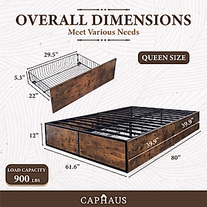 CAPHAUS Industrial Metal Storage Bed Frame with 4 Drawers, Mattress Foundation with Metal Slat Support, Space Saving Platform Bed Frame, Noise-Free, No Box Spring Needed, Queen Size, Rustic Oak Board