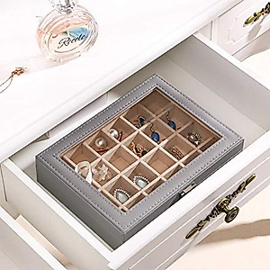 BEWISHOME Earring Jewelry Box 24 Slots Earring Holder Organizer for Girls Women Gifts Jewelry Box for Earrings Display Storage Case with Clear Glass Top Grey SSH17H