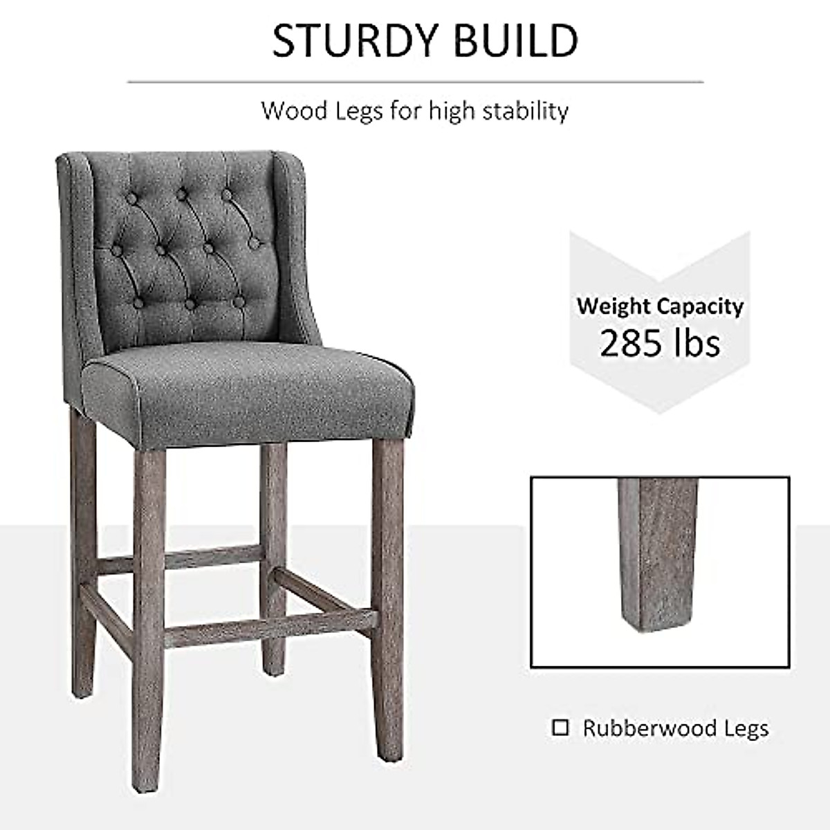 HOMCOM 26.25" Counter Height Bar Stools Set of 2, Tufted Wingback Armless Upholstered Dining Chair with Rubber Wood Legs, Grey