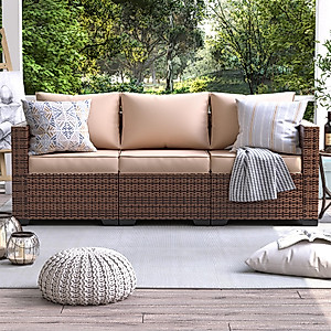 UDPATIO 3-Seat Patio Wicker Sofa, Outdoor Rattan Sectional Couch Furniture Steel Frame w/Furniture Cover Non-Slip Cushion and Deep Seating High Back, Khaki