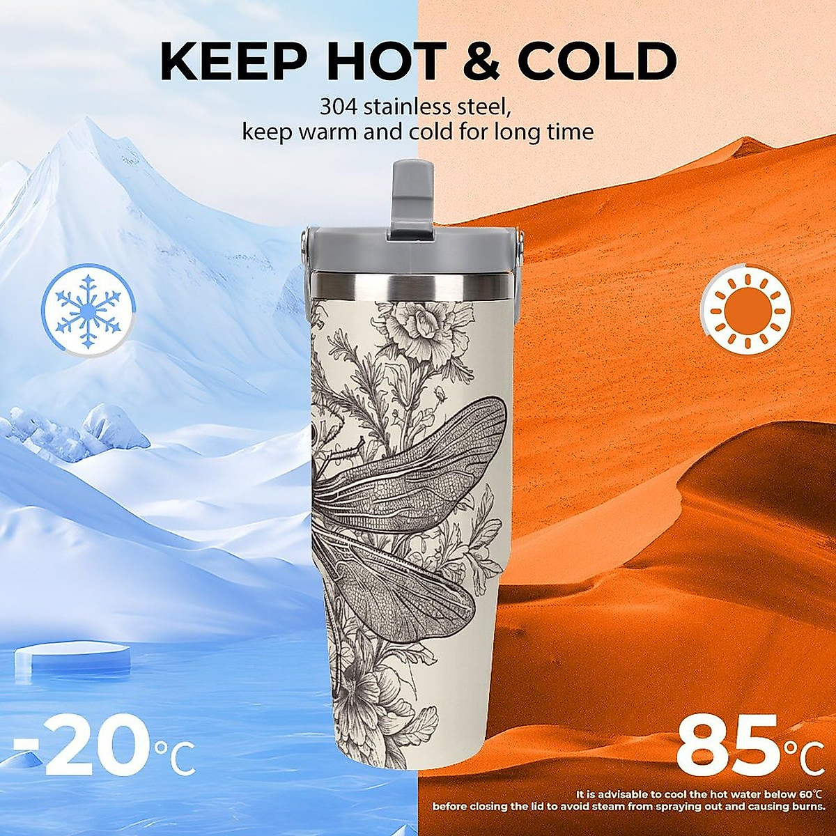 30oz Stainless Steel Insulated Tumbler with Flip Lid & Straw, Leakproof Travel Mug for Car, Hand Drawn Floral Dragonfly Double Wall Vacuum Thermal Coffee Cup with Handle, Spill-Proof Design for Hot/Co