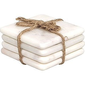 Farmhouse Decor Marble Coasters for Drinks - Kitchen Table Drink Coaster Set of 4-4" Diameter (Square, White, Rolled Edges)