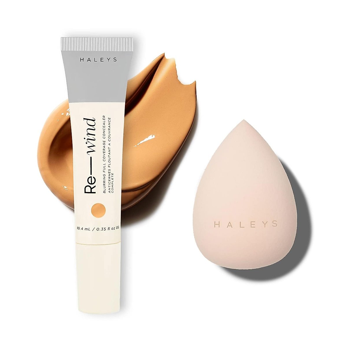 HALEYS Full-Coverage Concealer Set (Tan-Warm): Re-wind Blurring Full Coverage Concealer, Brighten, Reduce dark circles and fine lines, Longwear, Lightweight, Re-mix Makeup Sponge, Smooths, Blurs