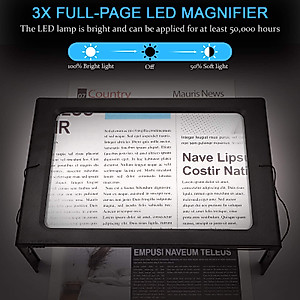 Rectangular Page Magnifier with 12 LED Lights 3X Magnifying Glass Folding and Hands-Free Led Full-Page Magnifier with Dual Power Mode for Elder, Low Vision People to Read Small Prints