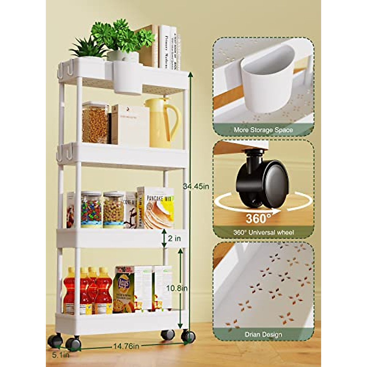 LEHOM 5.1" Slim Storage Cart - 4 Tiers Bathroom Organizer Mobile Shelving Unit Storage Rolling Utility Cart Slide Out Organizer for Kitchen Bathroom Laundry Narrow Places, White