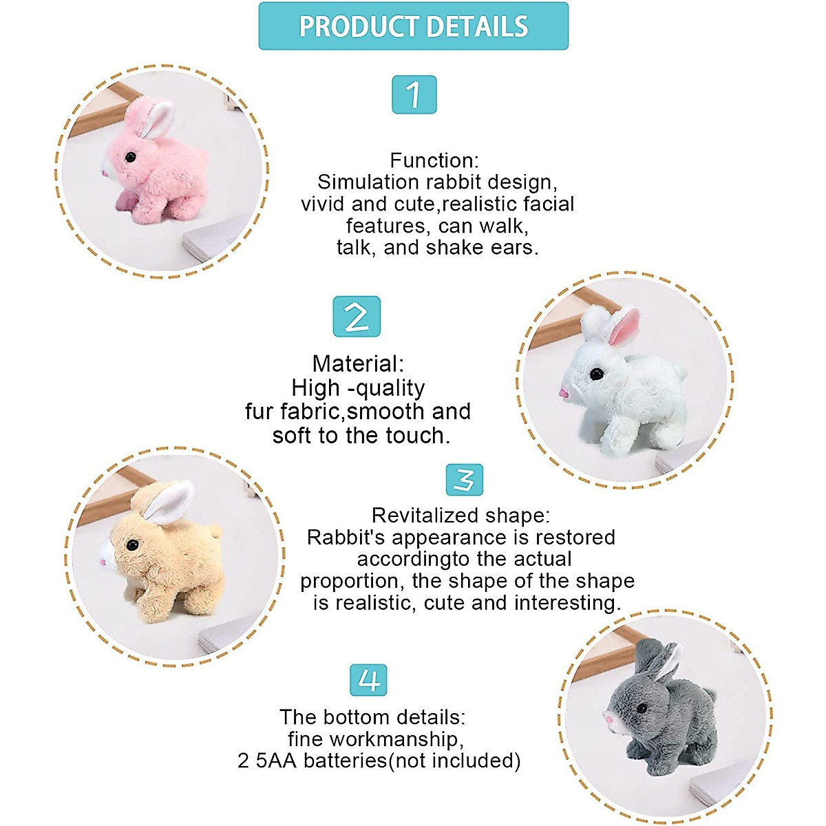 Bunny Toys Educational Interactive Toys Bunnies Can Walk and Talk, 2023 New Easter Plush Stuffed Bunny Toy Walking Rabbit Educational Toys for Kids, Bunny Toys Hopping, Wiggle Ears, Sounds (White)