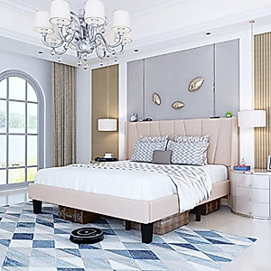 Benevika Queen Size Bed Frame with Modern Geometric Wingback Headboard,Wood Slat,No Box Spring Needed,Easy Assembly, Beige