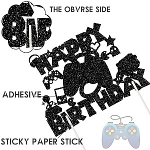 Video Game Happy Birthday Cake Topper Glitter Game Controller Cake Pick Decoration Gamer Birthday Cake Decorations for Video Game Controller Themed Kids Birthday Party Baby Shower Supplies (Black)
