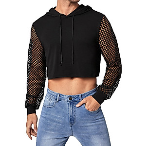 WDIRARA Men's Fishnet Mesh Long Sleeve Drawstring Crop Hoodie Sweatshirt Pullover Black M
