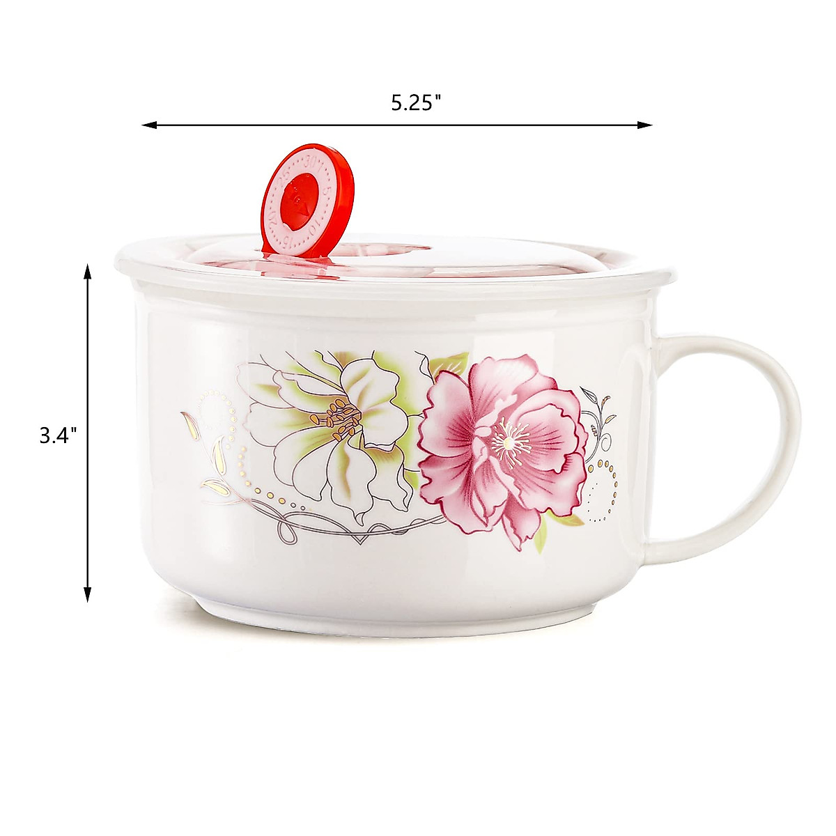 Frcctre 2 Pack Microwavable Ceramic Noodle Bowl Set with Lid and Handle, 27 Oz Ceramic Soup Bowl Set for Instant Noodle, Ramen, Soup, Cereals, Oat, Fruits, Snacks, Rose Pattern