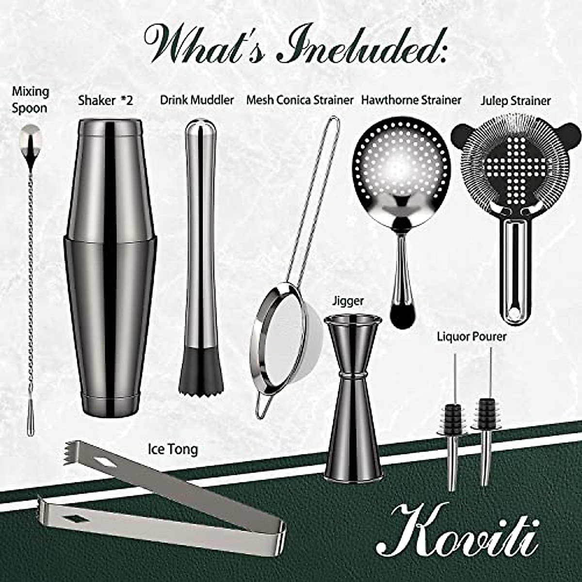 Cocktail Shaker - Koviti 12 Piece Bartender Kit - Stainless Steel Cocktail Shaker Set, Premium Bar Tools : Martini Shaker, Muddler, Jigger, Mixing Spoon, Strainers, Ice Tong, Liquor Pourers