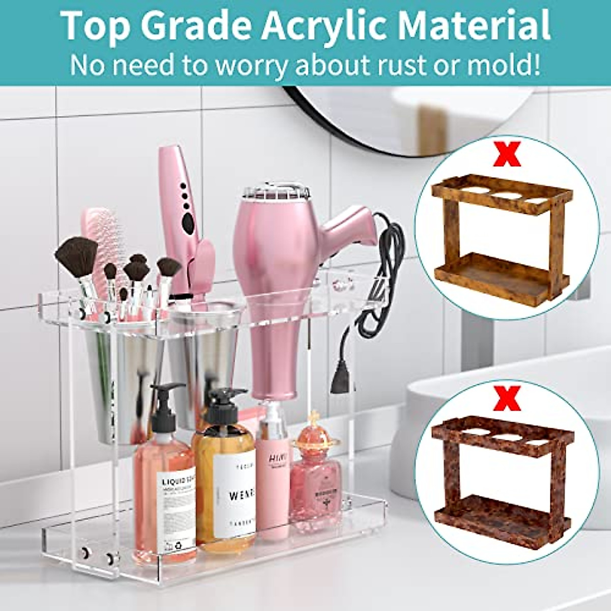 HIIMIEI Hair Tool Organizer, Clear Acrylic Blow Dryer and Curling Iron Holder, 2 Tier Bathroom Counter Storage, Vanity hairdryer Stand for Lotion Makeup Cosmetics Perfume Makeup Toiletries