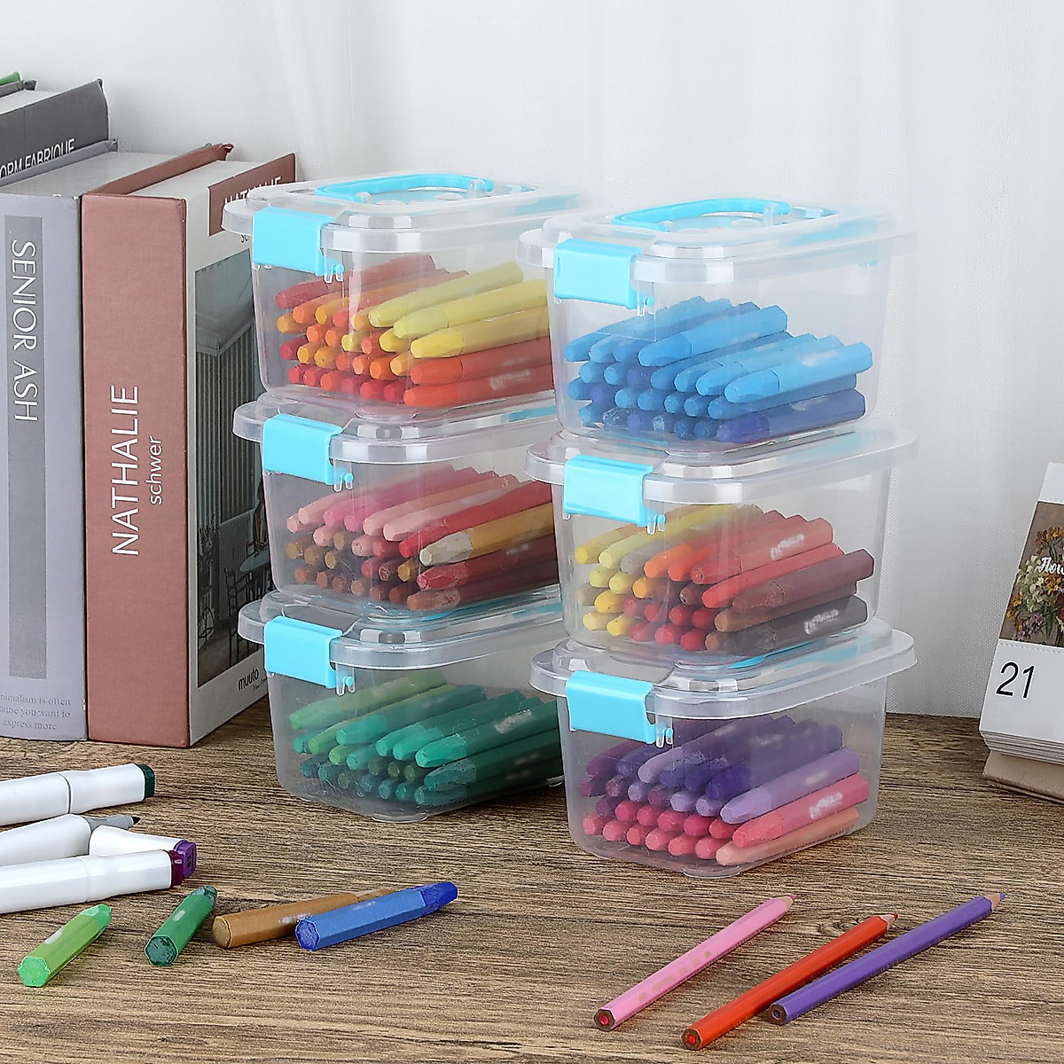 BTSKY 8PCS Clear Plastic Crayon Boxes with Handle Lids, Small Crayon Storage Box Portable Crayon Container Box Multipurpose Art Craft Boxes for Crayon Bulk, Chalks, Paper Clips and More
