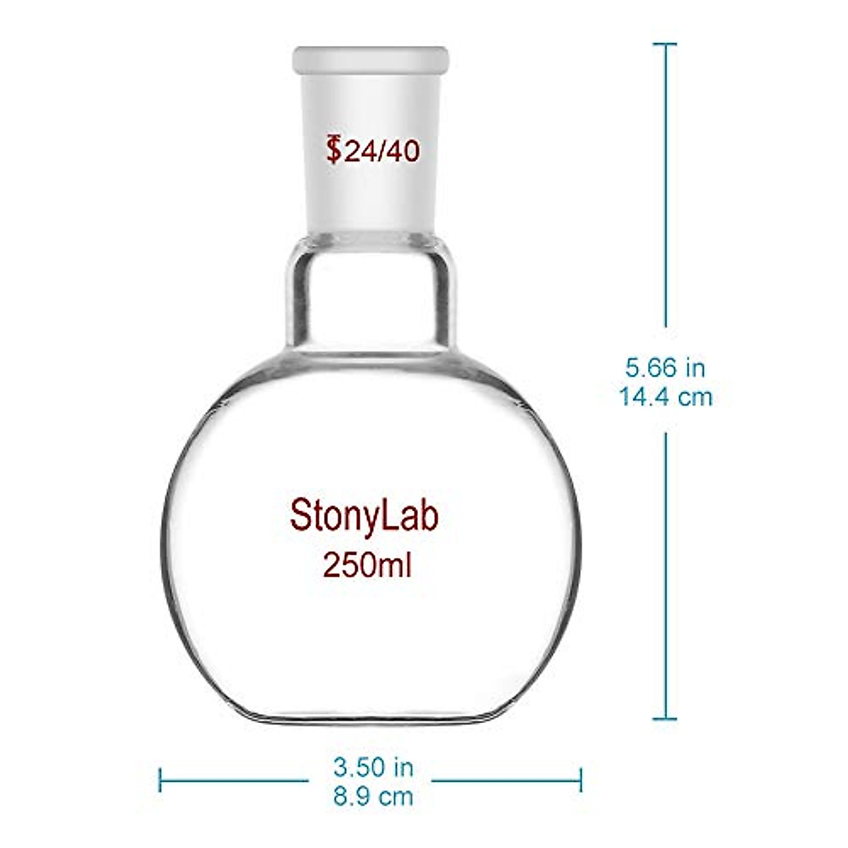StonyLab Glass 250ml Heavy Wall Single Neck Flat Bottom Boiling Flask, with 24/40 Standard Taper Outer Joint, 250ml