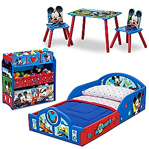 Mickey Mouse 5-Piece Toddler Bedroom Set by Delta Children - Includes Sleep and Play Bed, Table with 2 Chairs and 6 Bin Design and Store Toy Organizer, Blue