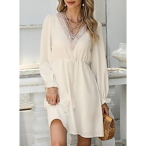 Dokotoo Beige Dresses for Women V Neck Lace Trim Boho Summer Dress Long Puff Sleeve Business Casual Dresses for Women 2024 Tassel Belt Smocked Ladies Cocktail Dress Large