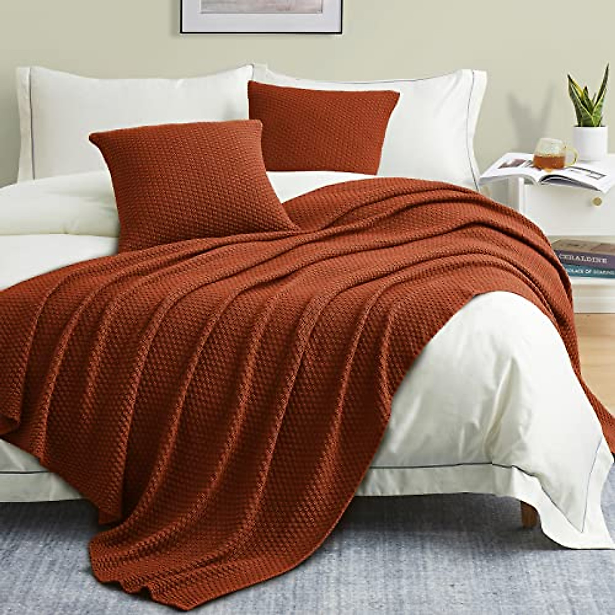 TREELY Rust Knit Throw Blanket for Couch, Soft Cozy Knitted Blankets 60" x 80", Fall Warm Breathable Blanket Decorative for Sofa Bed Living Room