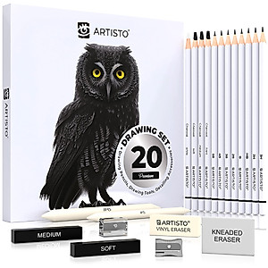 Artisto Drawing and Sketching Pencil Art Set (20 Items) - Complete Kit with Graphite Pencils, Charcoal Pencils, Sticks, Blending Stumps, Erasers, and Sharpeners