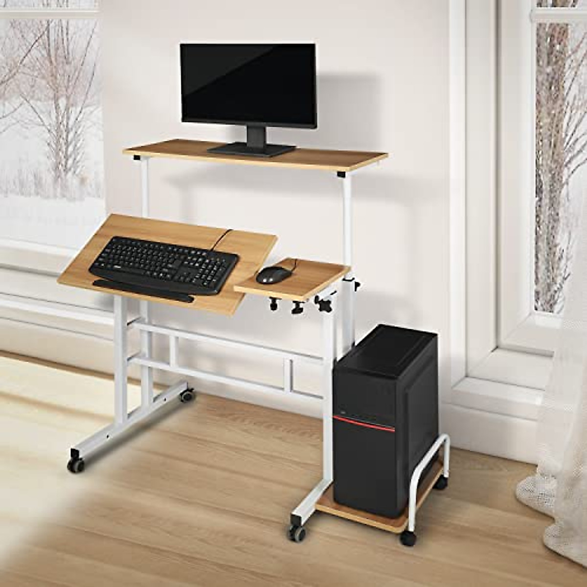 MoNiBloom Mobile Standing Laptop Desk Rolling Laptop Workstation on Wheels Adjustable Height Computer Desk for Home Office Laptop Workstation with Side Storage, White