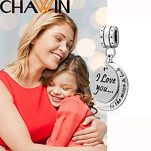 “I Love You To the Moon and Back” for Mom Women, 925 Sterling Silver Dangle Charm Fit Pandora Bracelets Charms, Necklace, Chain