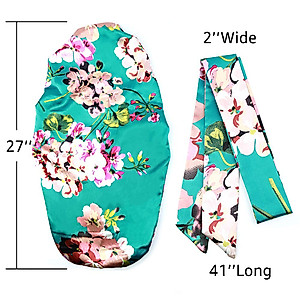 sent hair Extra Long Satin Bonnet Sleep Cap for Women, Double Layer Silky Hair Bonnet for Braids/Curly/Long Hair - Soft Elastic Band, Green Floral
