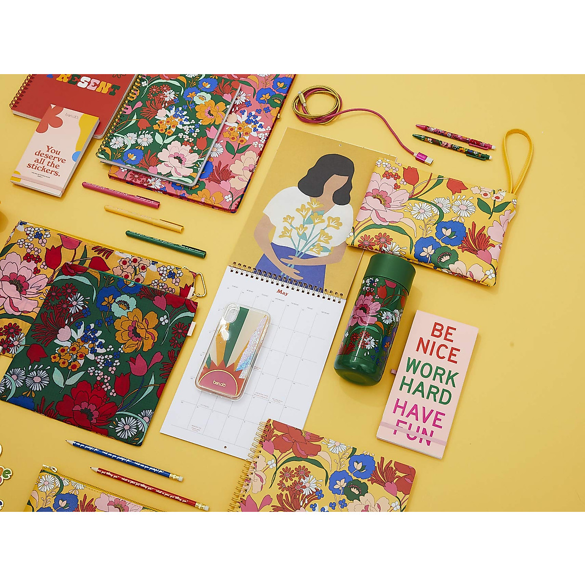 ban.do Yellow Floral Get It Together Leatherette Wristlet Pouch, 10" x 7", Superbloom