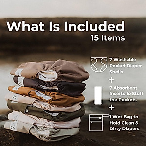 Nora's Nursery Cloth Diapers 7 Pack with 7 Inserts & 1 Wet Bag - Waterproof Cover, Washable, Reusable & One Size Adjustable Pocket Diapers for Newborns and Toddlers - Down to Earth