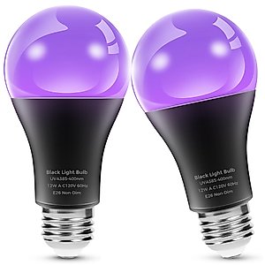 L LOHAS LED UV Black Light Bulbs, Halloween 12W A19 UV Blacklight, 100 Watt Equivalent, UVA Level 385-400nm Wavelength, Glow in The Dark for Body Art Paint, Fluorescent Poster, Neon Glow Party, 2 Pack