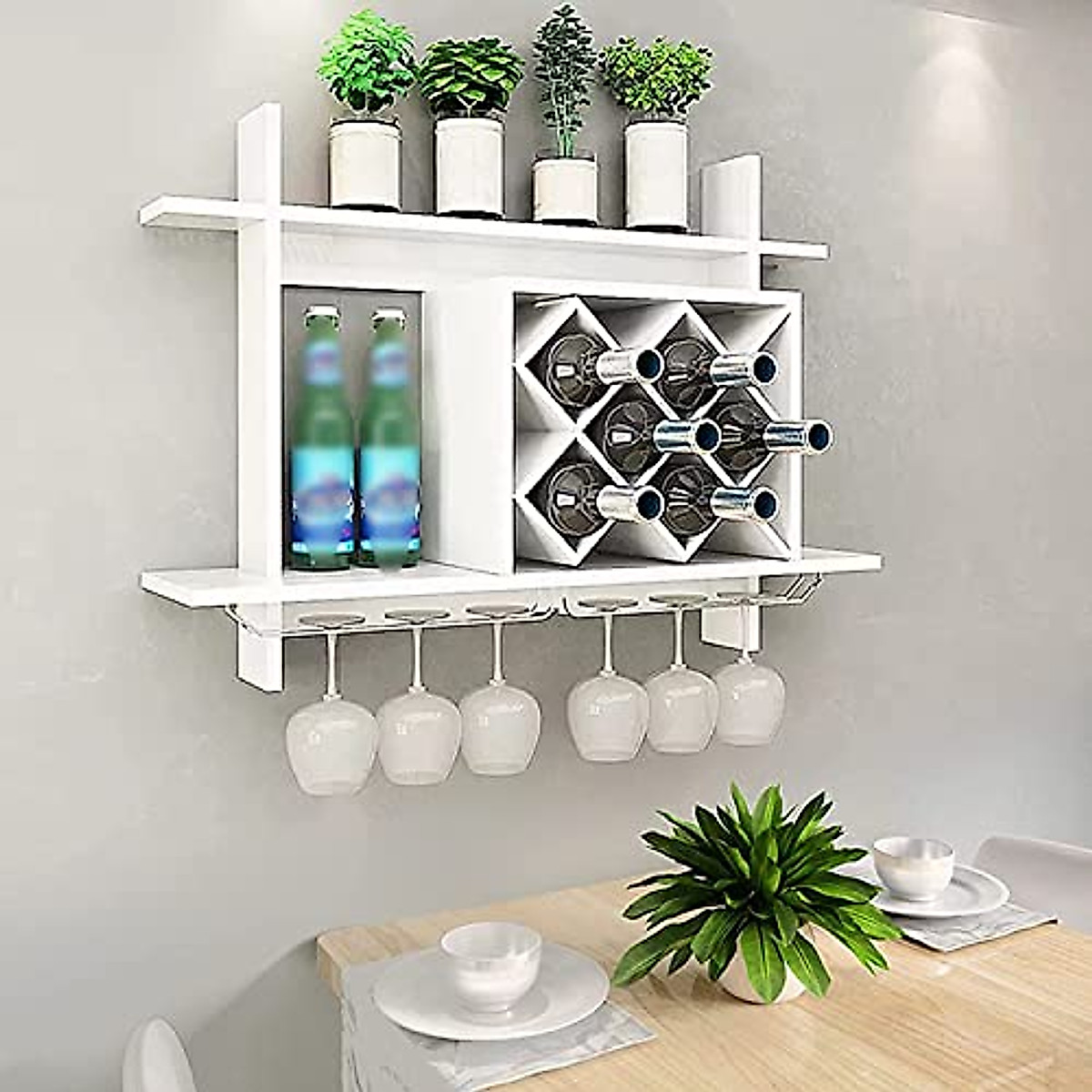 WANLECY Wall Mounted Wine Rack, 6 Bottles Wooden Wine Storage Display Rack with Metal Glass Holder, Modern Diamond-Shaped Wine Bottle Glass Holder Shelf for Wine Bottles, Liquor, Champagne