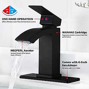 EZANDA Brass Waterfall Bathroom Faucet with Extra Large Rectangular Spout, Deck Plate, Pop-up Drain Assembly & Water Supply Hoses Included, Matte Black, 14254