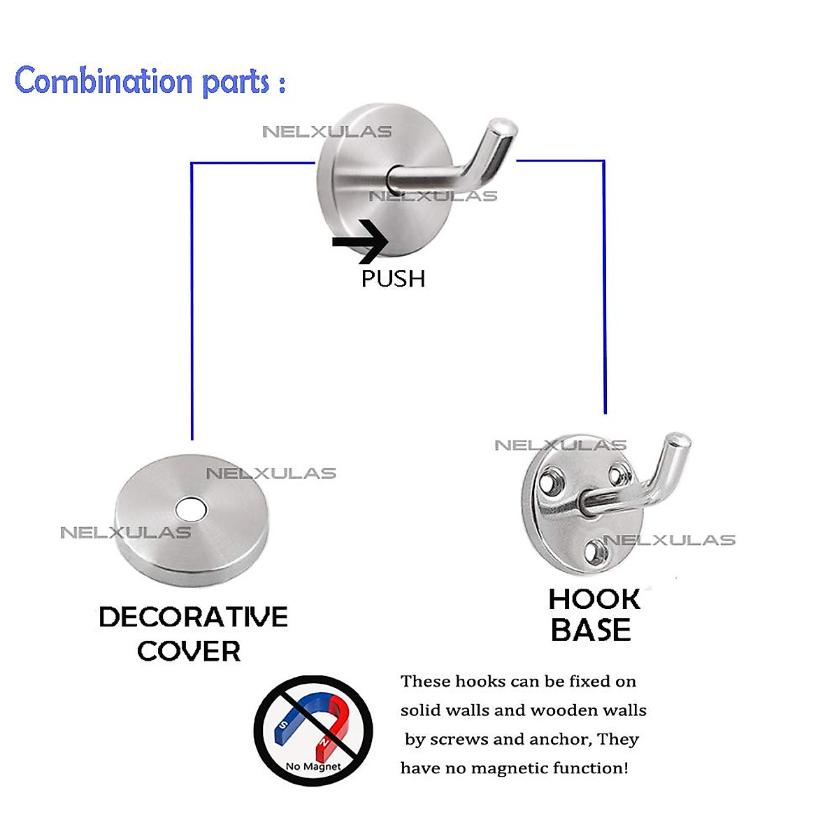 NELXULAS Brushed Stainless Steel Single Heavy Duty Long coat hook robe hanger Wall Mount Hook, Fit for kitchen,Bedroom,Living room, Bathroom,closets and Garage Storage (7-2/3", 2 PCS)
