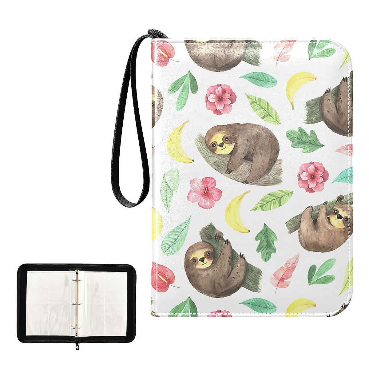 PYBUG Cute Sloth Trading Card Binder with Nylon Strap 4-Pocket Waterproof PU Leather Card Collection Binder for 400 Cards Sturdy Card Holder Folders for Game Cards,Sports Cards